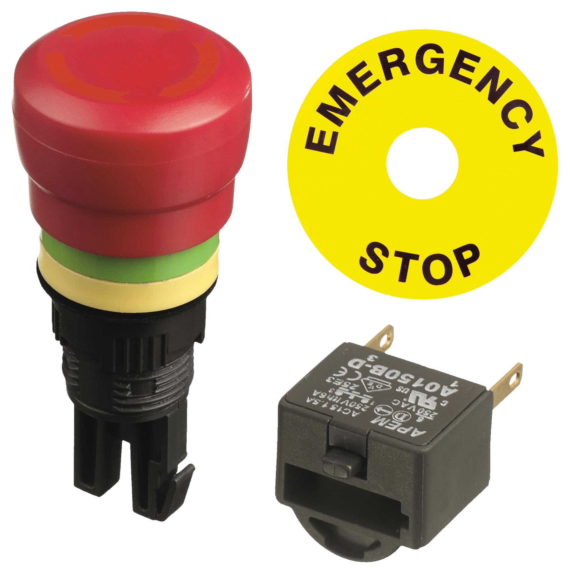 A01ES-DF2+A0154B-D+A01YL1 - Apem - E-STOP SW, DPST-NC, 250V