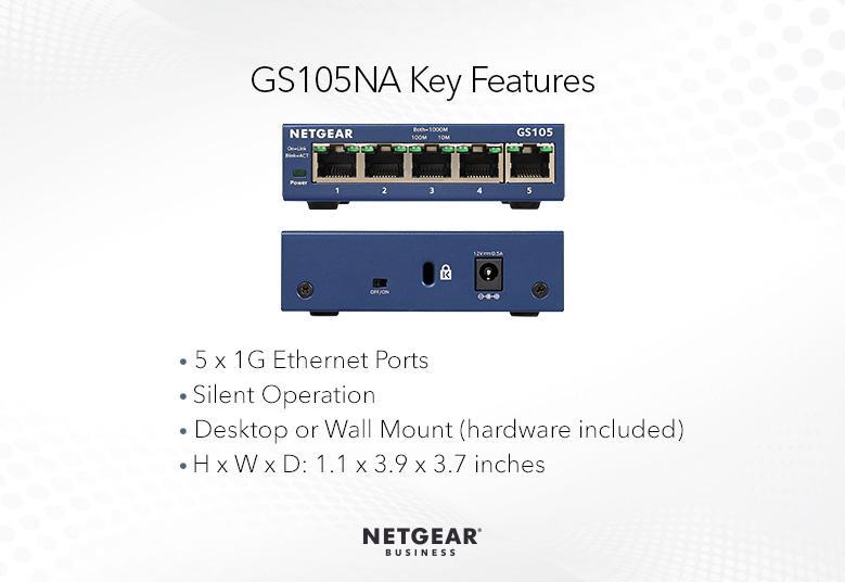GS105NA - Netgear - Switch, 5 Ports, Unmanaged Gigabit Ethernet