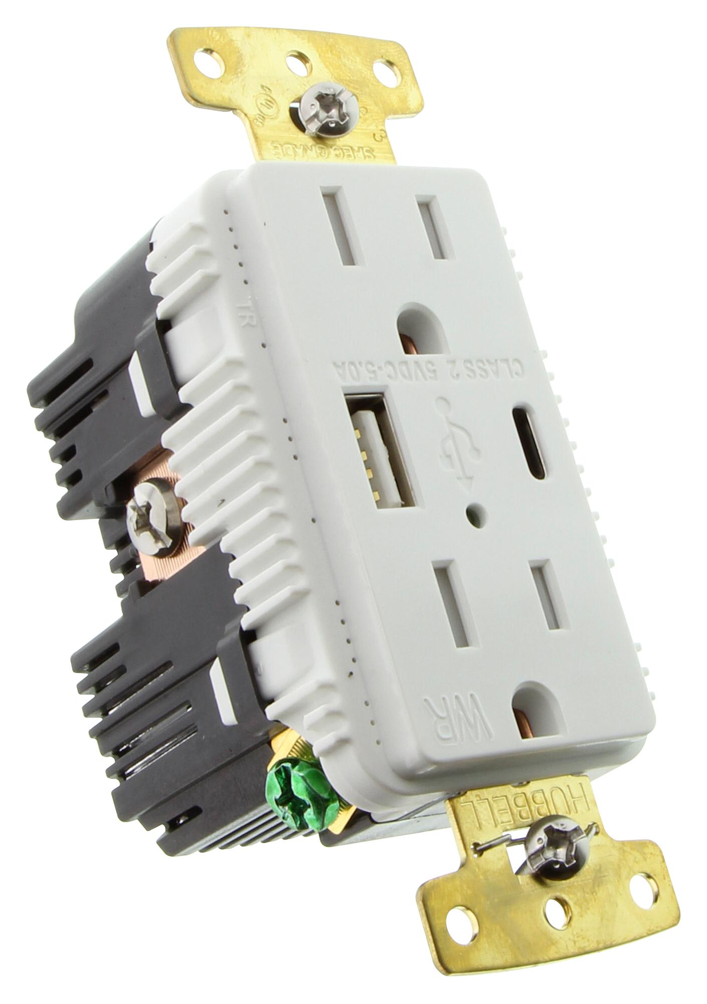 USB15AC5WWR - Hubbell Wiring Devices - USB Charger Receptacle, 15 A, 125 V