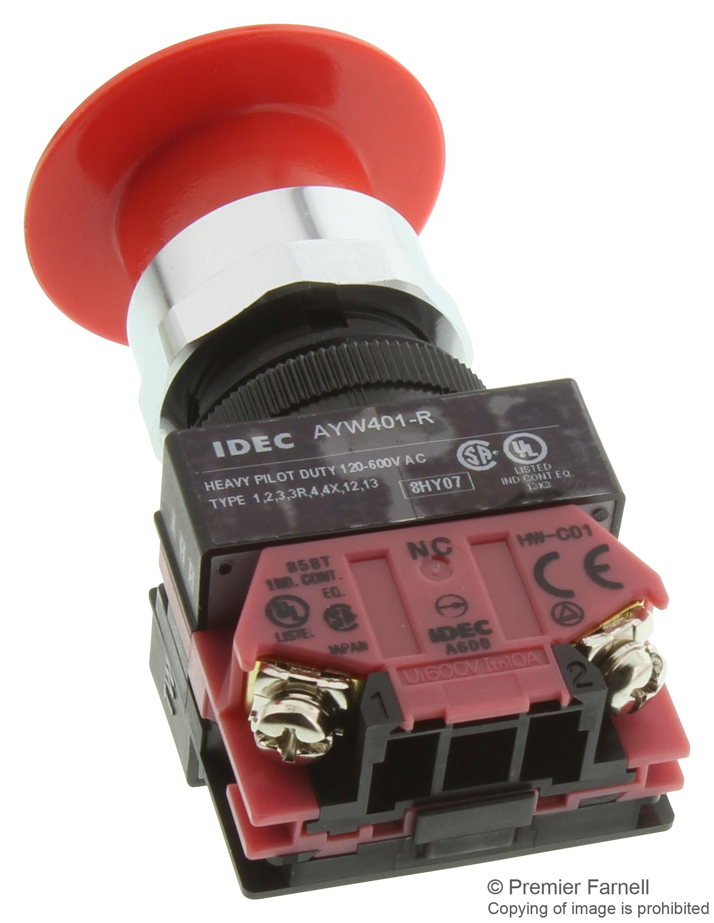 AYW401-R - Idec - Emergency Stop Switch, SPST-NC, Push-Pull