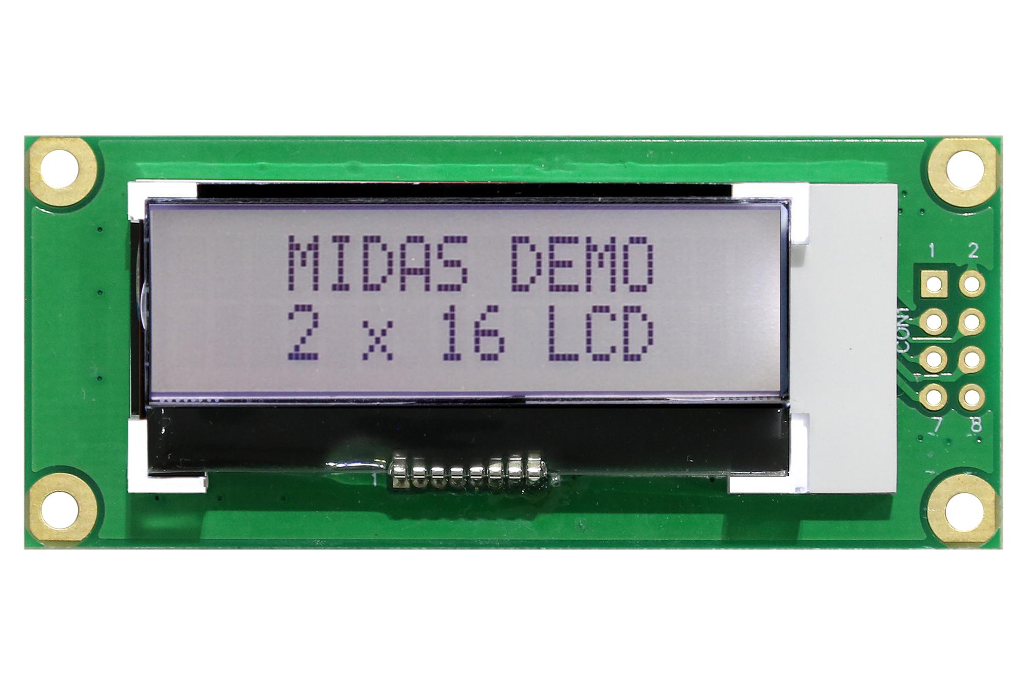 MD21605B6W-FPTLWI3 - Midas Displays - Alphanumeric LCD, 16 x 2, Black on White